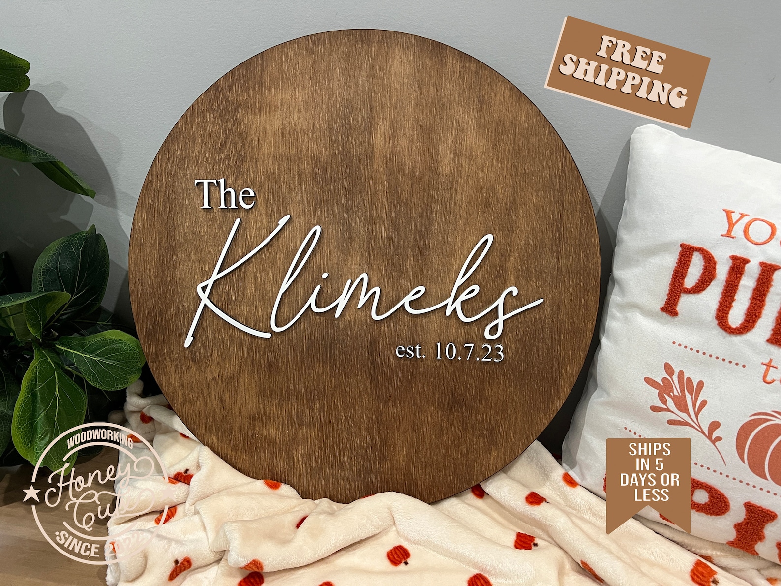 Last Name Wooden Sign Personalized Round Wood Sign , Rustic Last Name ...
