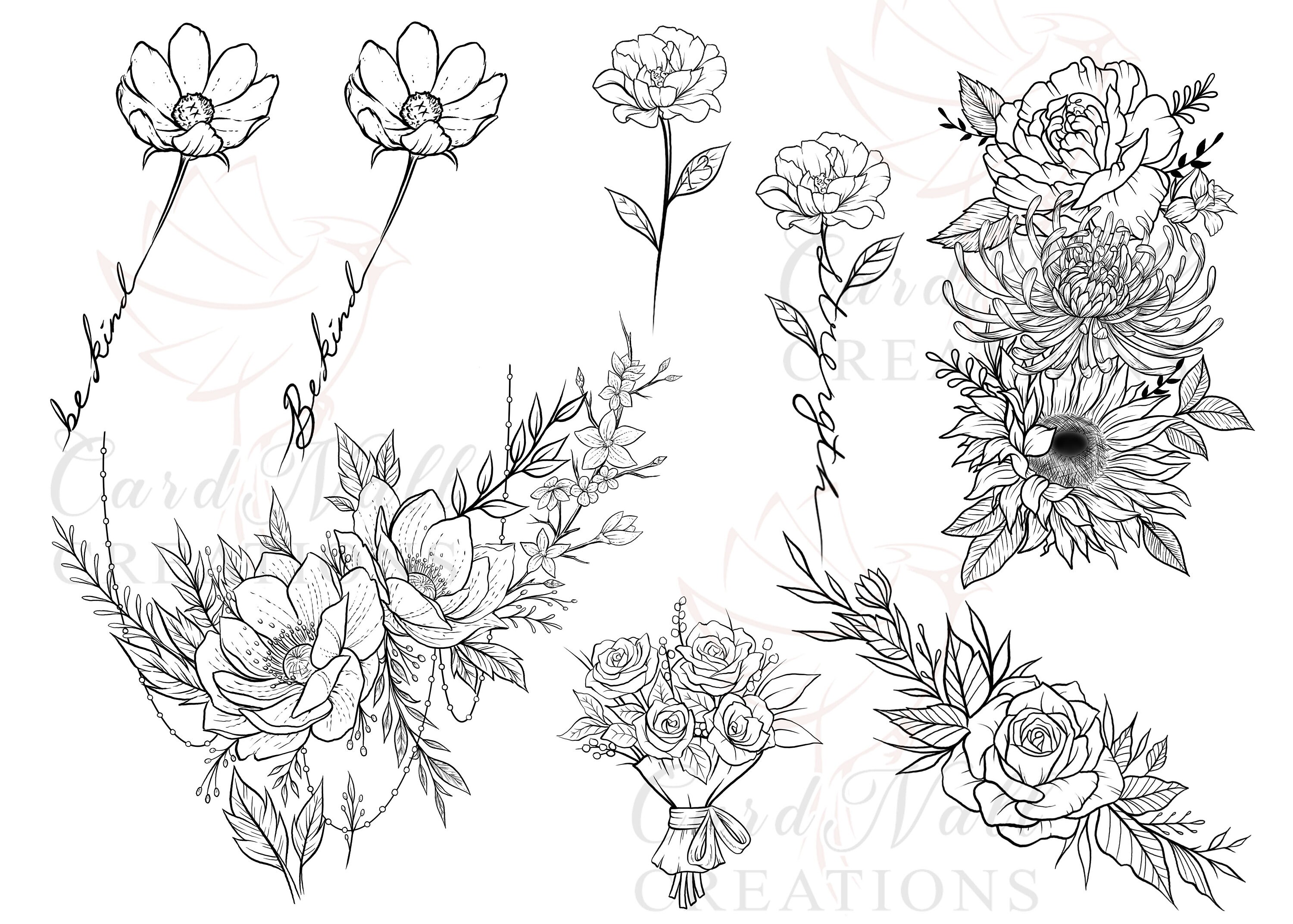 Instant Download of a Tattoo Flower Design Sheet, JPEG, Digital Files ...