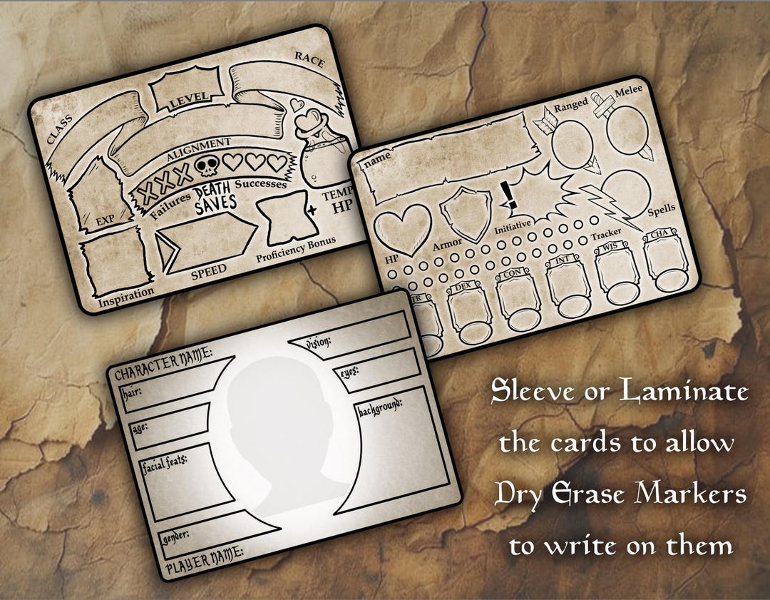 DND Character Sheet Card Pack With Extras for Game Night, Digital Files ...