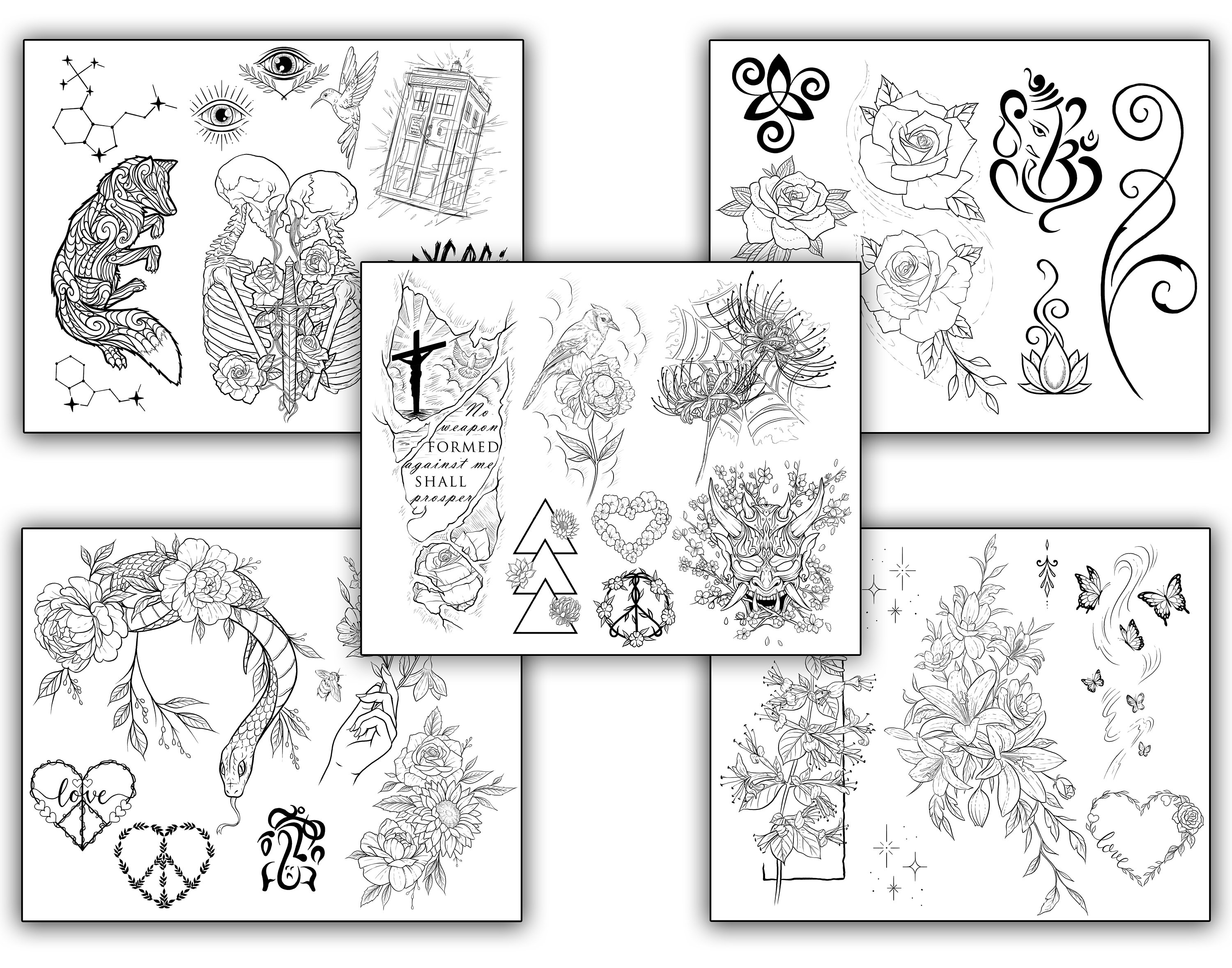 Digital Files of Tattoo Flash, BUNDLE of 5 Flash Sheets! Custom Art for ...