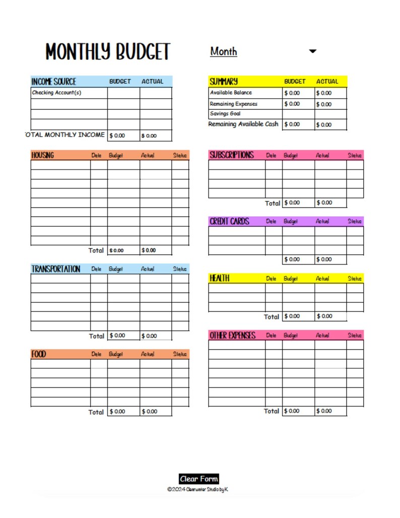 Monthly Budget PDF (printable and Digital, With Auto-calculation ...