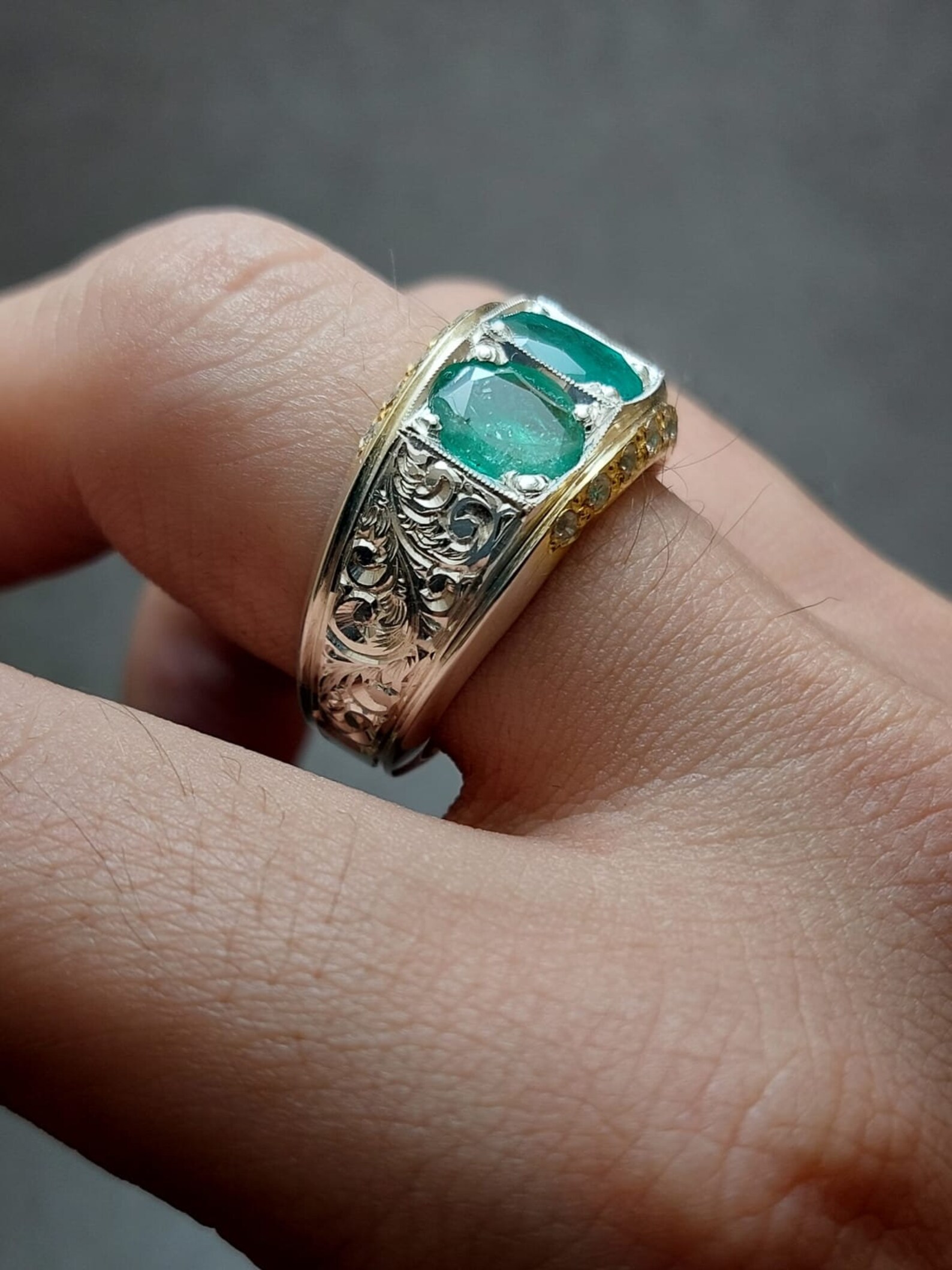 Mens Threestone Emerald Ring Solid Sterling Silver 925 Natural Vivid ...