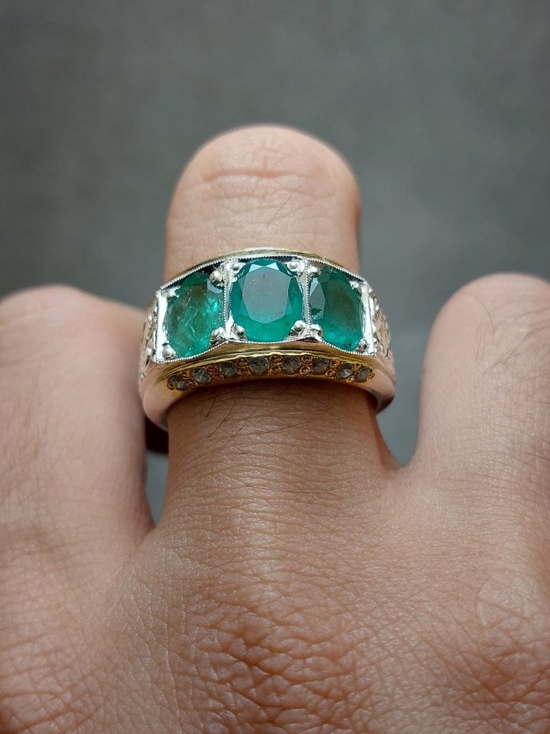 Mens Threestone Emerald Ring Solid Sterling Silver 925 Natural Vivid ...