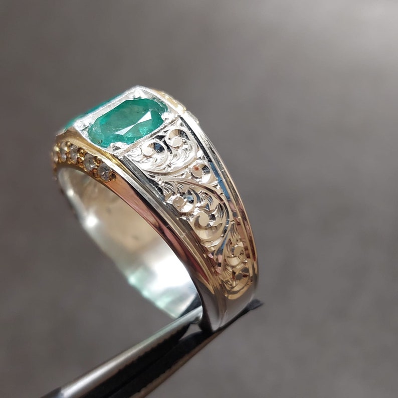 Mens Threestone Emerald Ring Solid Sterling Silver 925 Natural Vivid ...