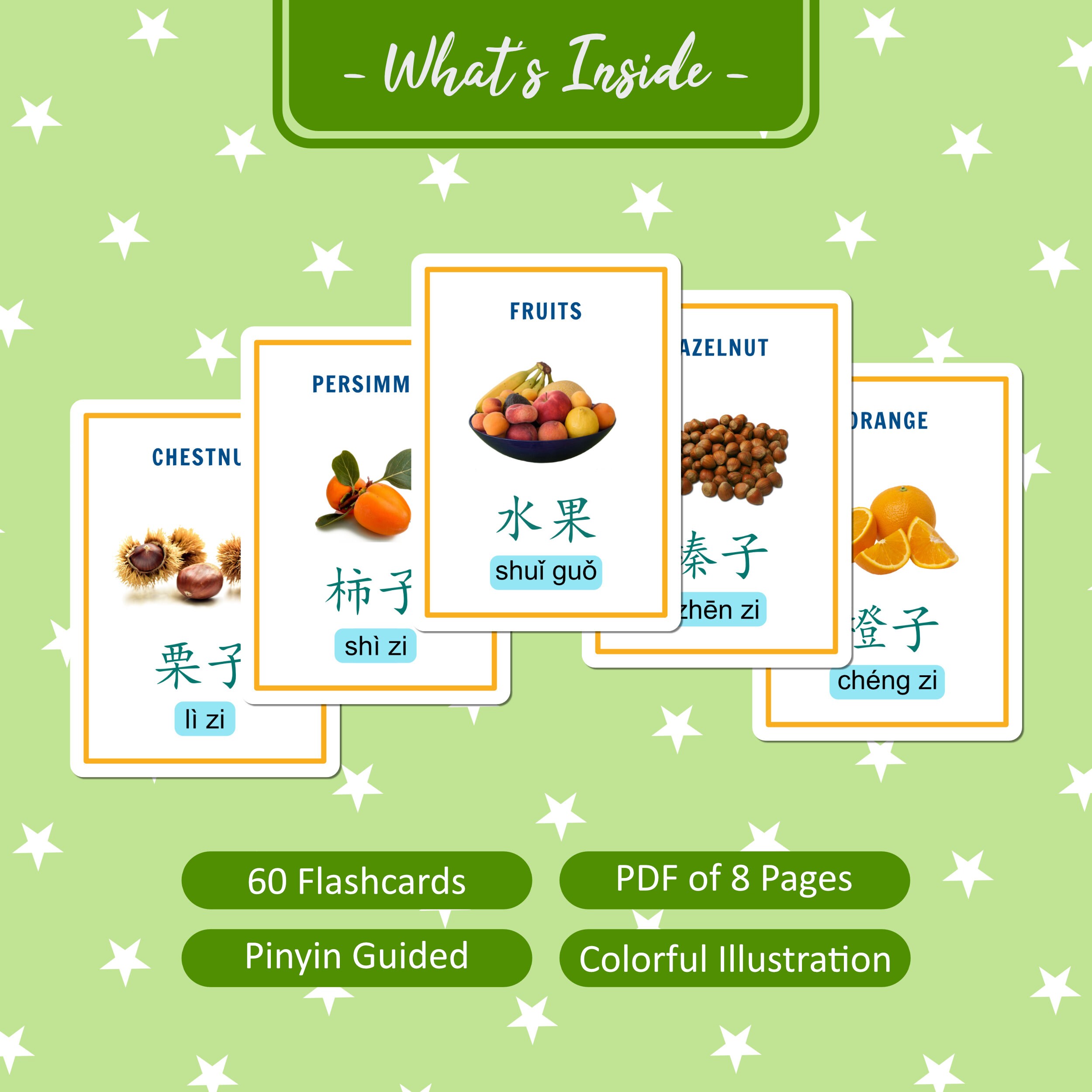 Printable 60 Chinese Fruit and Nut Flashcards | Instant Language ...