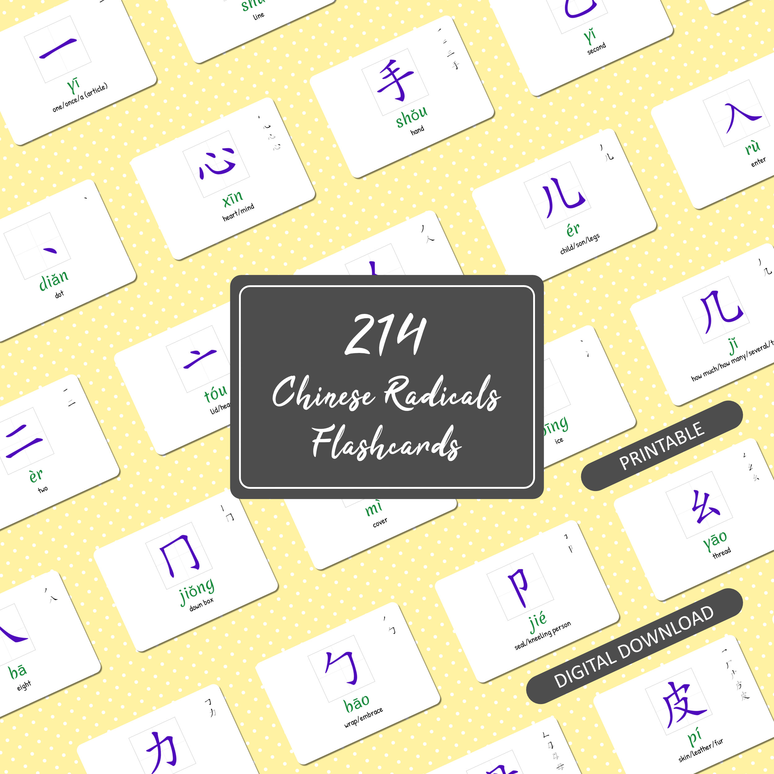 Printable | 214 Basic Chinese Radicals Flashcards With Strokes Order ...