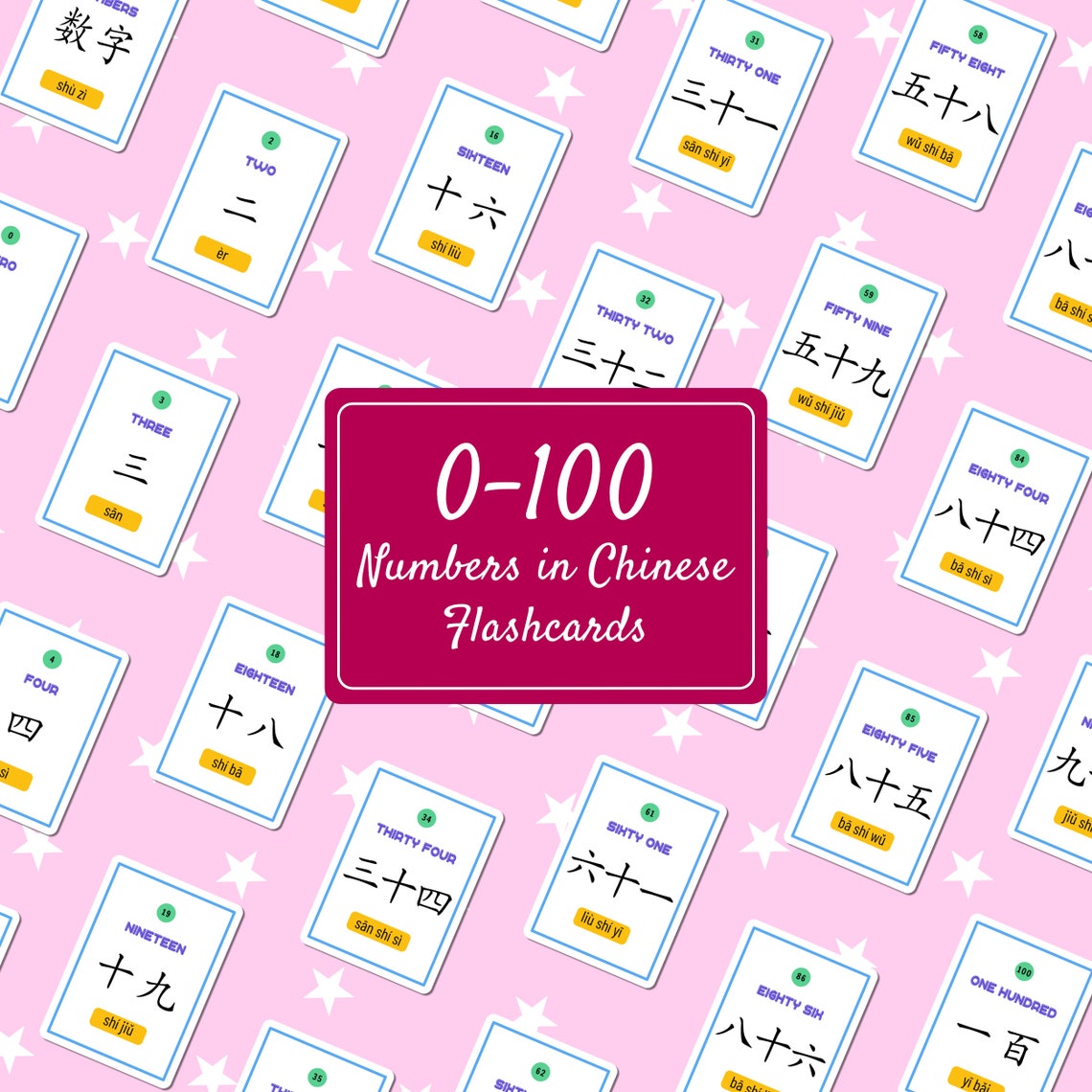 Printable Numbers in Chinese Flashcards Count From 0 to 100 Language ...