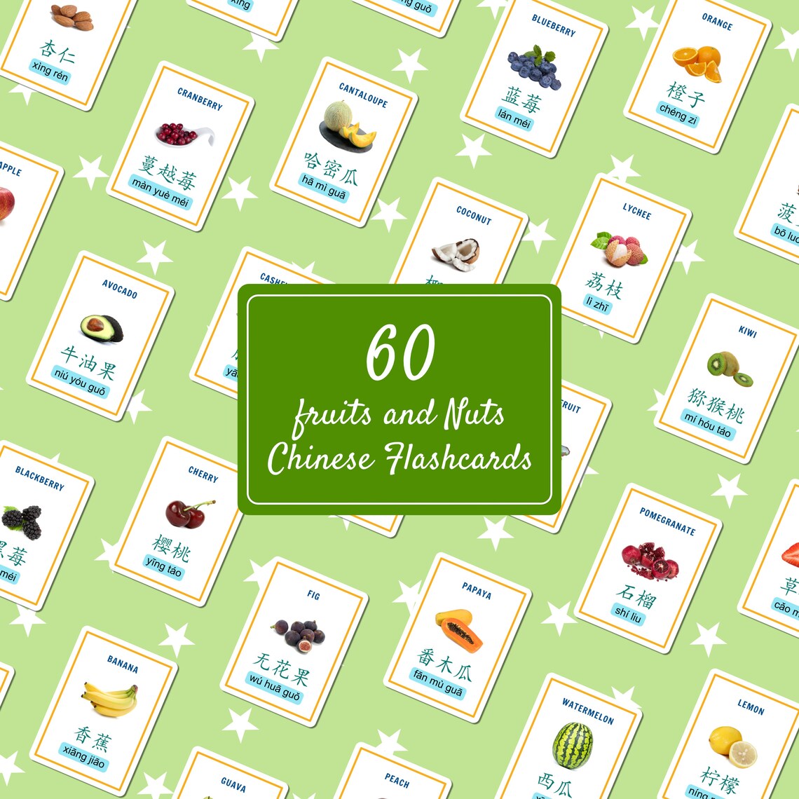 Printable 60 Chinese Fruit and Nut Flashcards | Instant Language ...