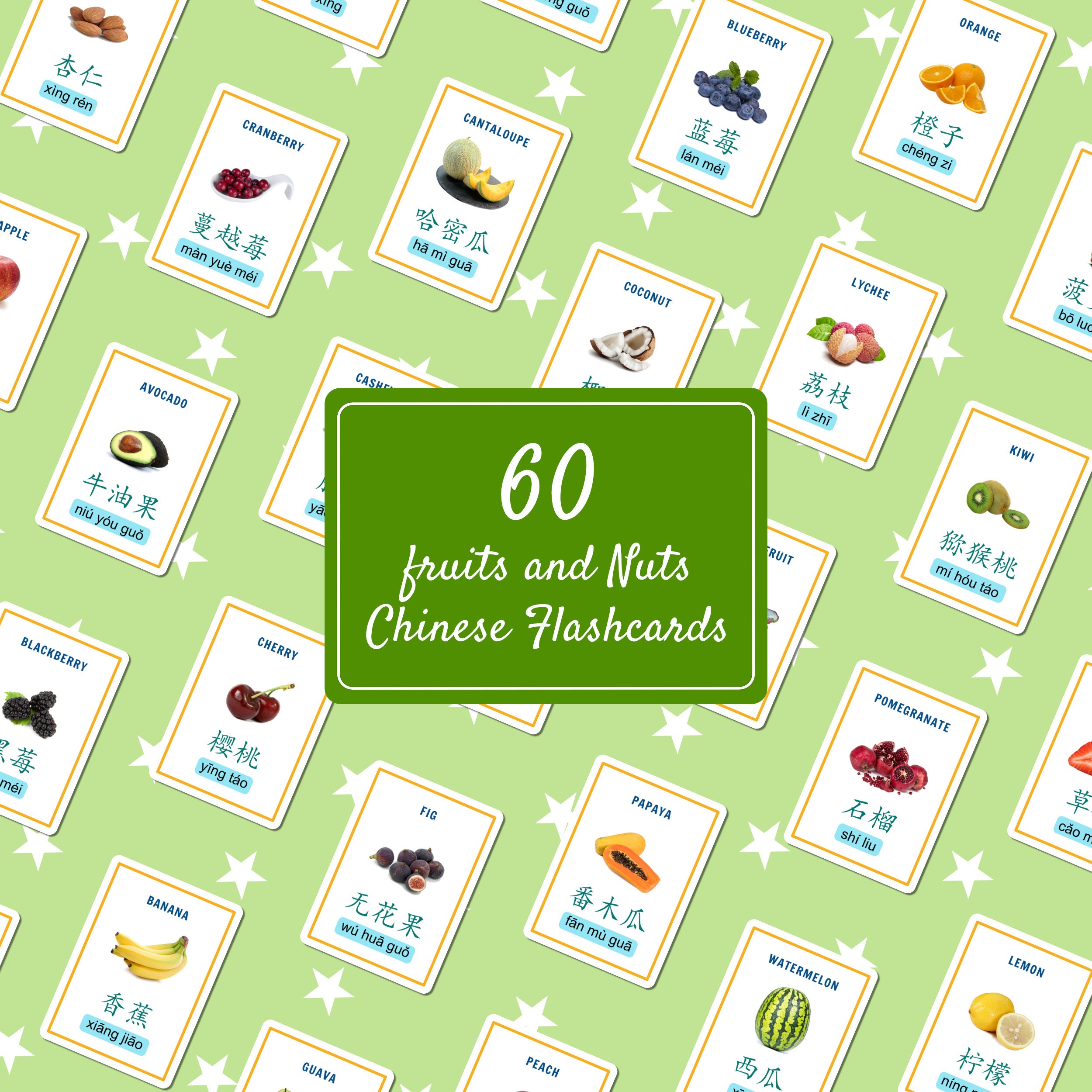 Printable 60 Chinese Fruit and Nut Flashcards | Instant Language ...