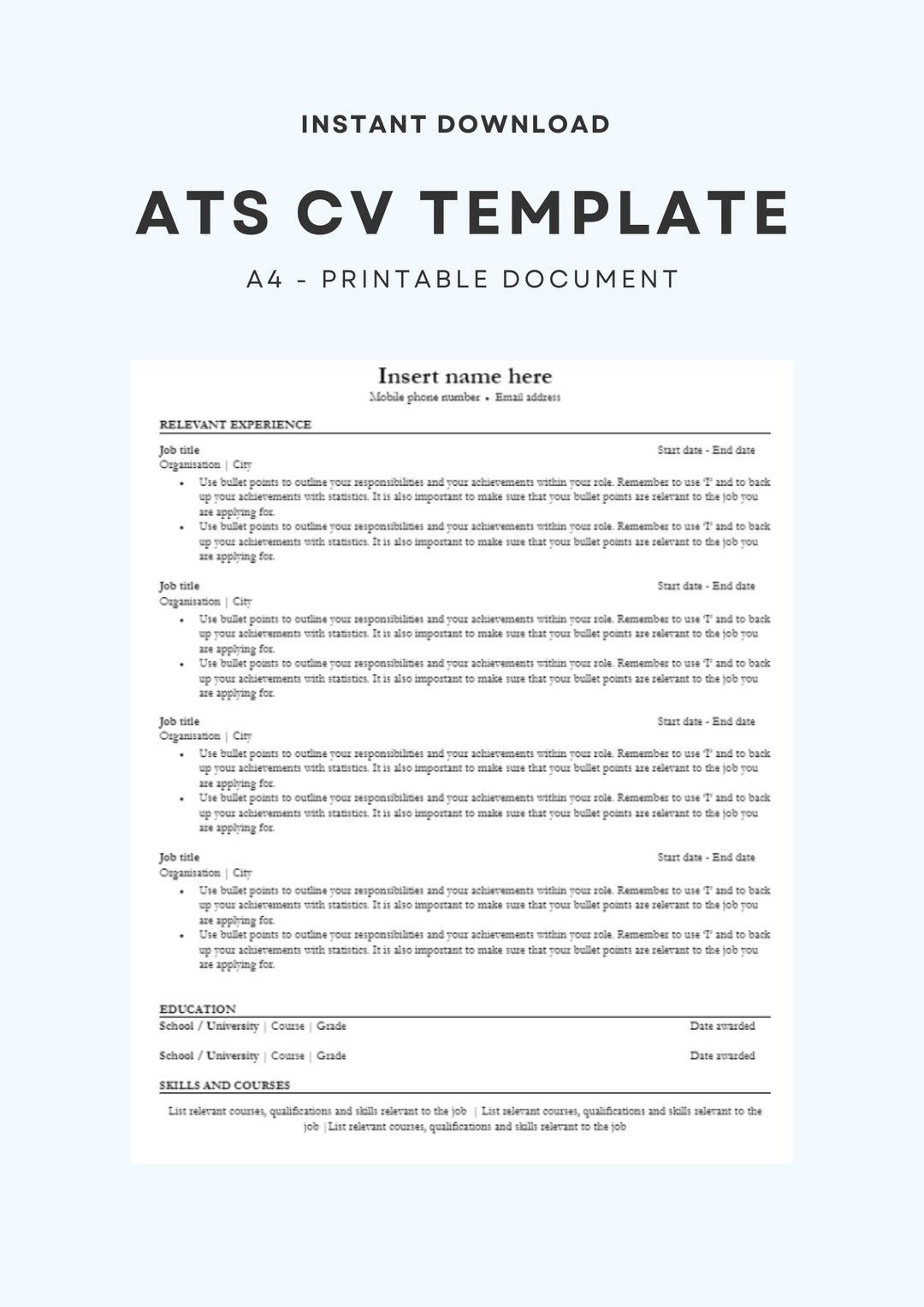 ATS CV Template - ATS Friendly Resume - Resume Template - Cv Template ...