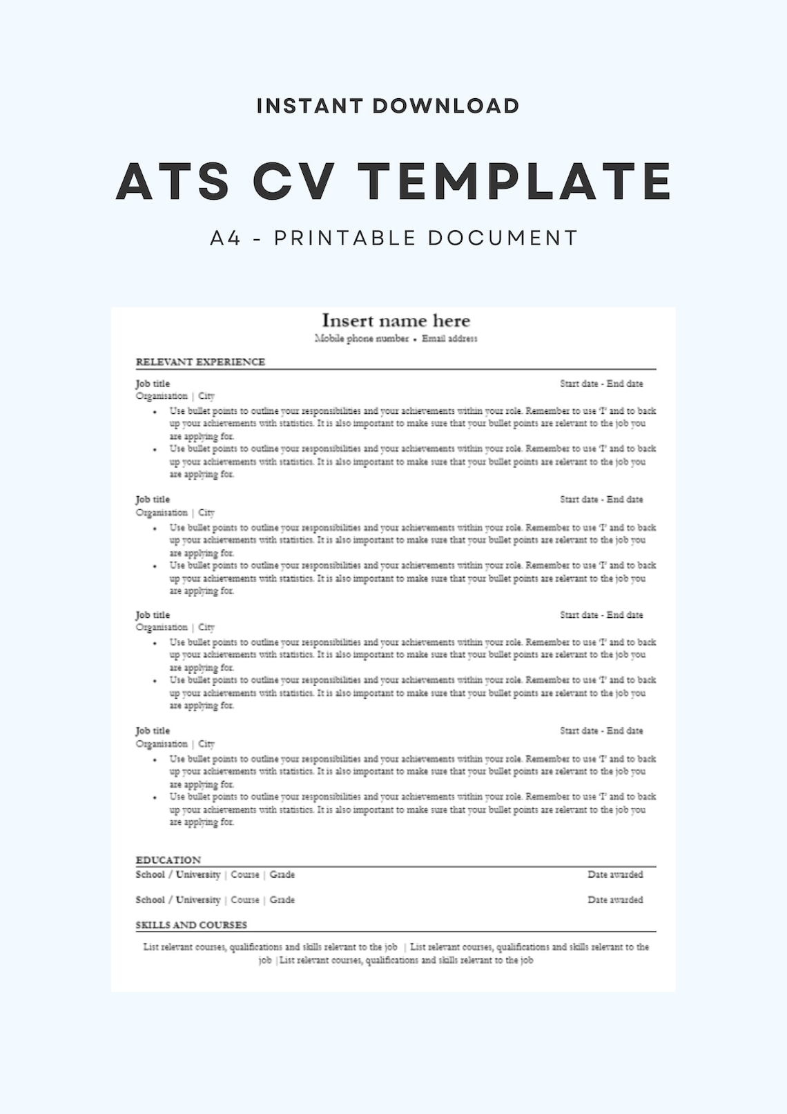ATS CV Template - ATS Friendly Resume - Resume Template - Cv Template ...