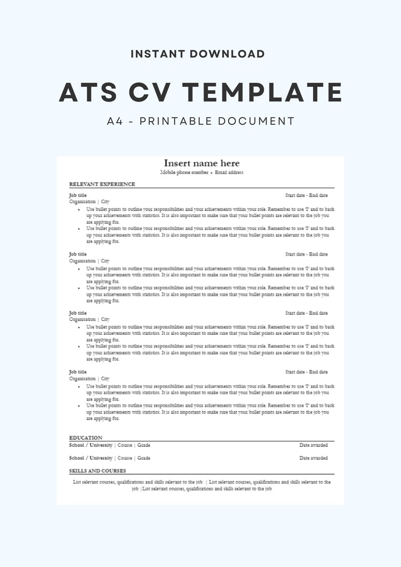 ATS CV Template - ATS Friendly Resume - Resume Template - Cv Template ...