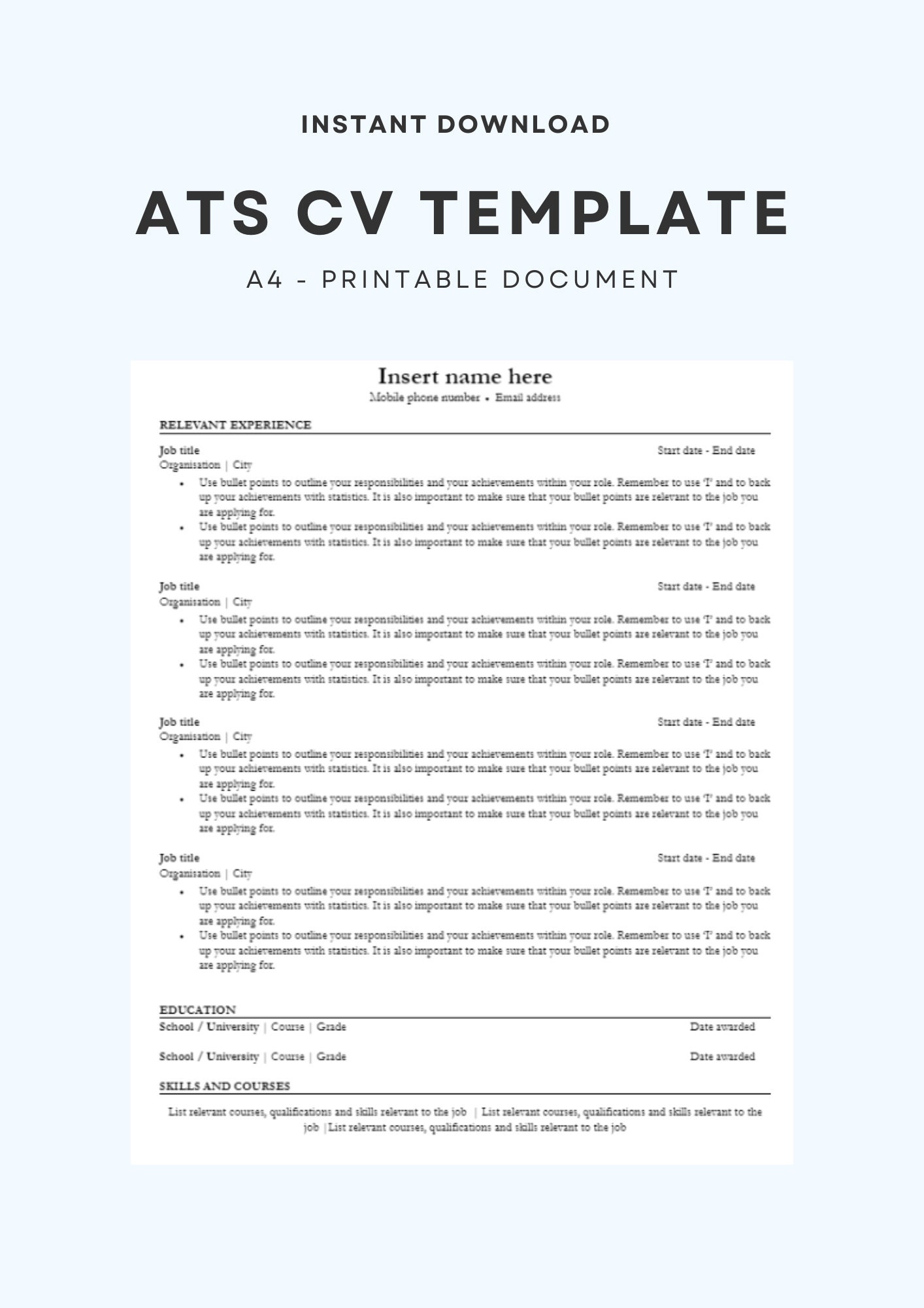 ATS CV Template - ATS Friendly Resume - Resume Template - Cv Template ...