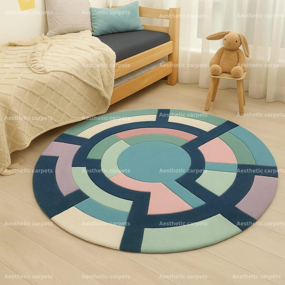 Pastel Maze Round Rug – 5x5 6x6 Hand Tufted Wool Rug in Geometric ...