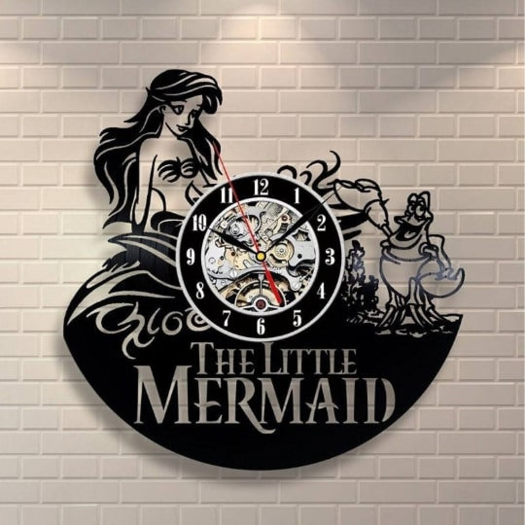 The Little Mermaid Vinyl Record Silent Clock, Mermaid Art, Cartoon Decor for Girls Room, Little ...