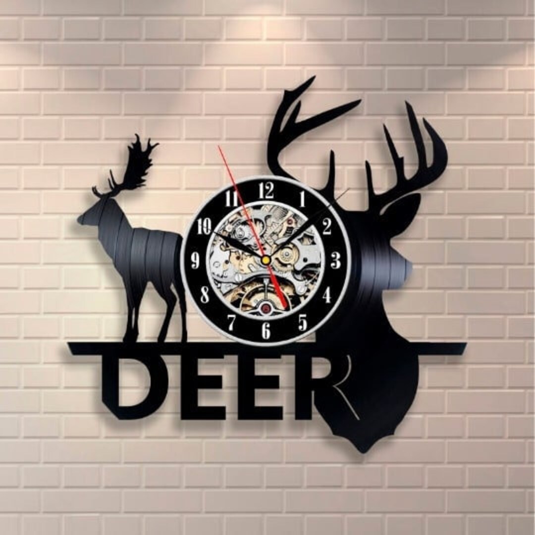 Deer Vinyl Record Black Wall Clock, Deer Wall Art, Animal Wall Decor ...