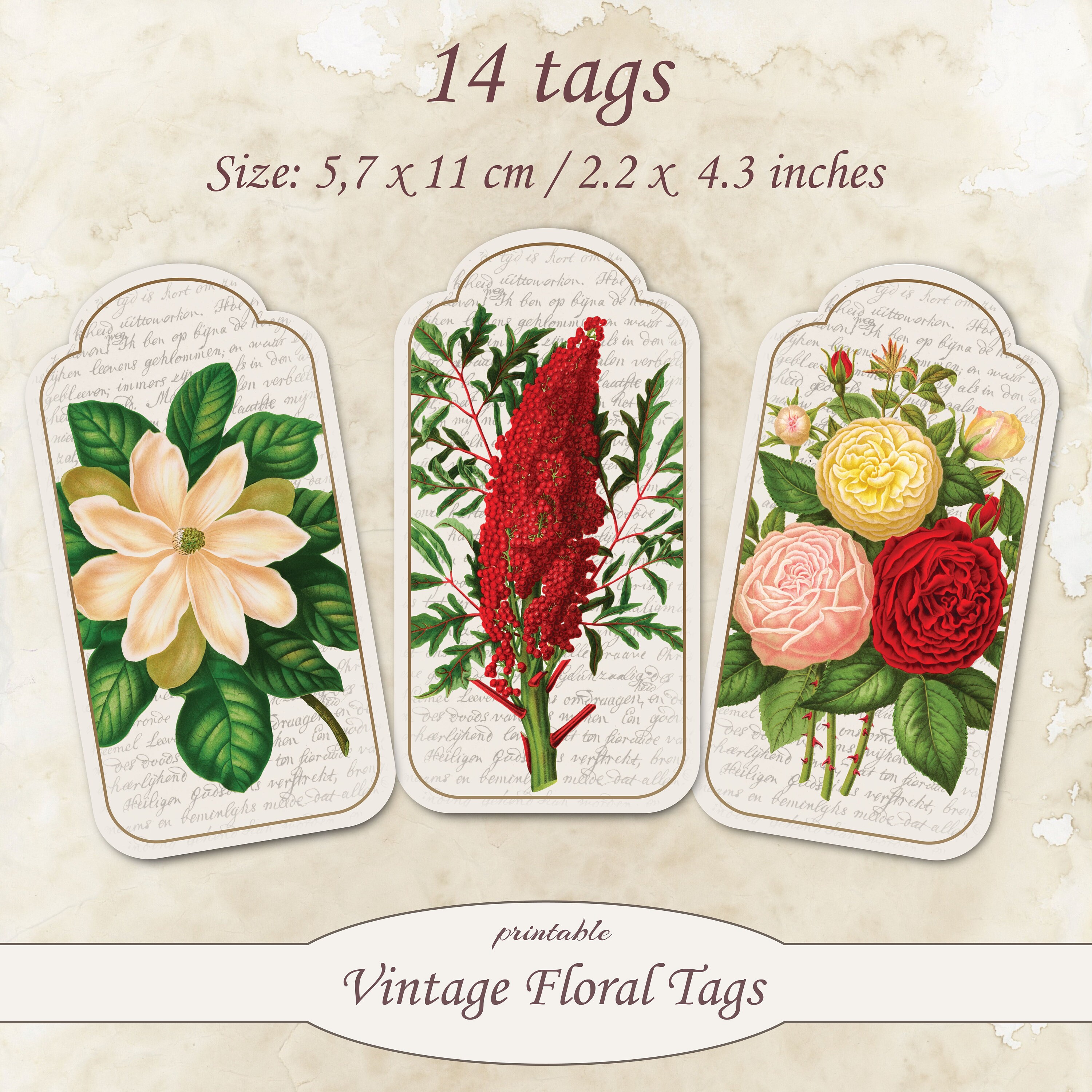 Floral Tags Vintage Tags Flowers Journaling Tags Junk Journal Inserts ...