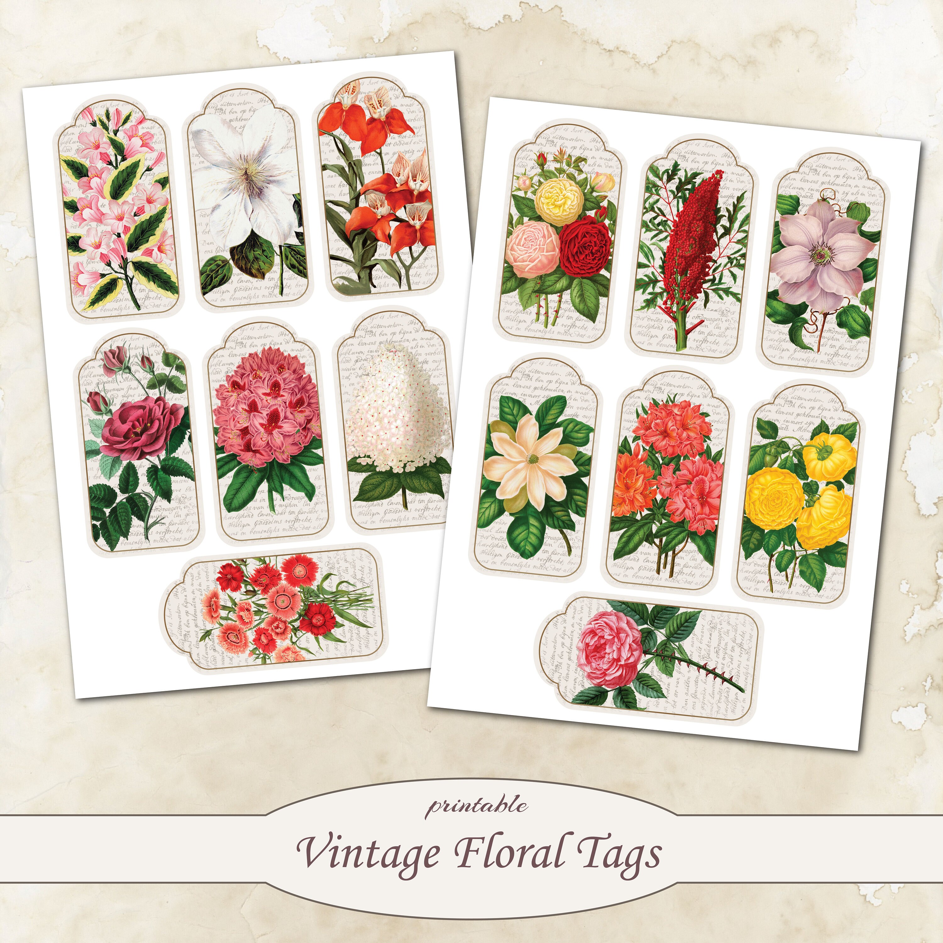 Floral Tags Vintage Tags Flowers Journaling Tags Junk Journal Inserts ...