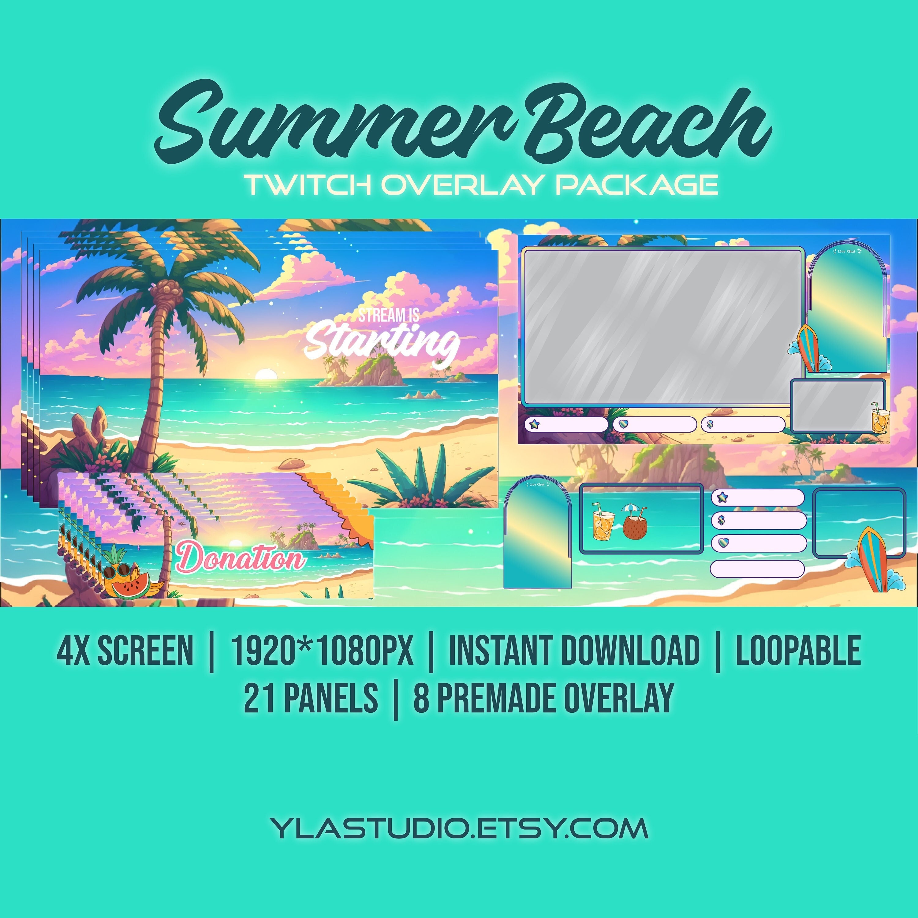 Summer Beach Twitch Stream Overlay Package (animated) - Etsy