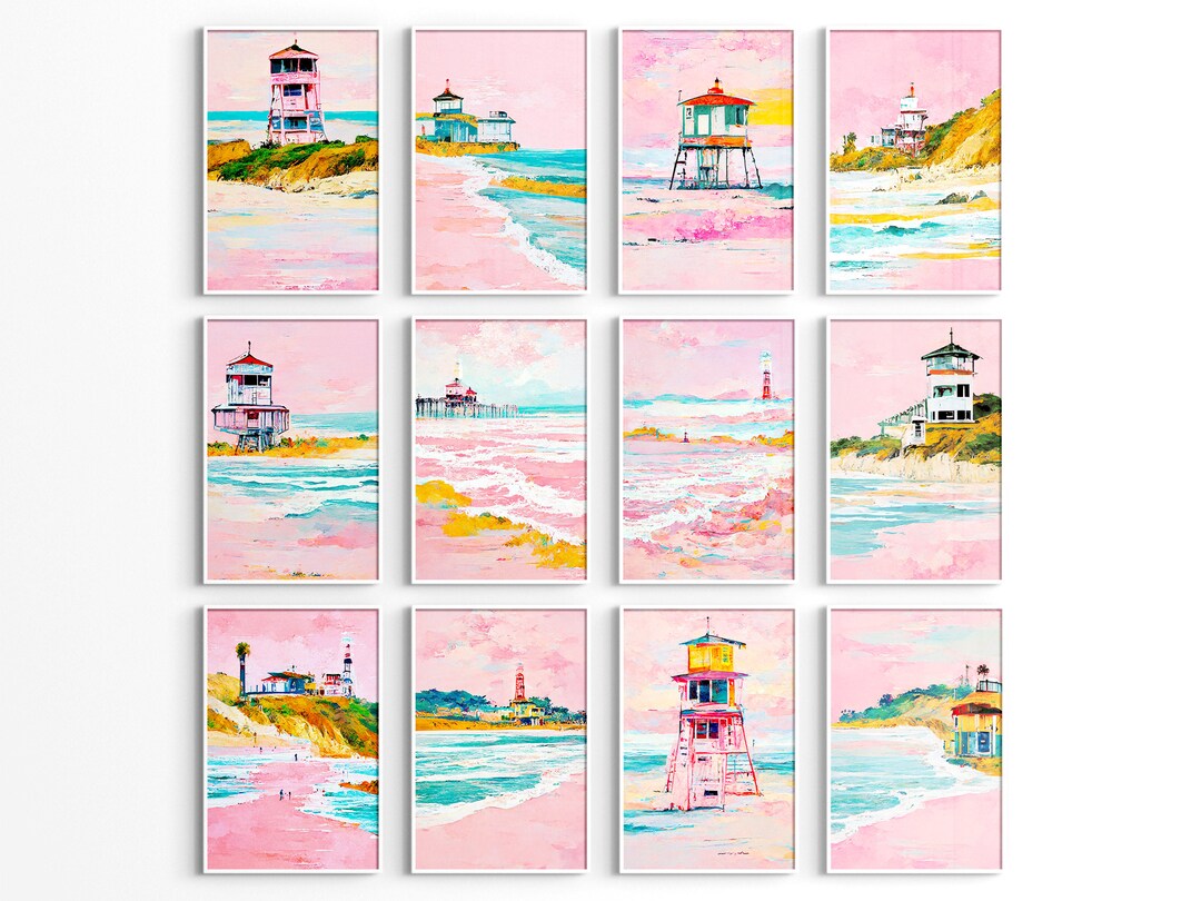 Pink Boho Beach Surf Art Set of 12 Printable Ocean Posters for Girl's ...