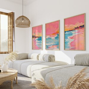 Pink Boho Beach Wall Art Set of 3 Bohemian Surf & Beach Prints, Preppy ...