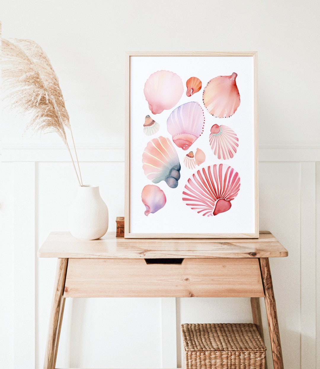 Boho Beach Wall Art, Sea Shell Watercolor Painting, Pink Coastal House ...