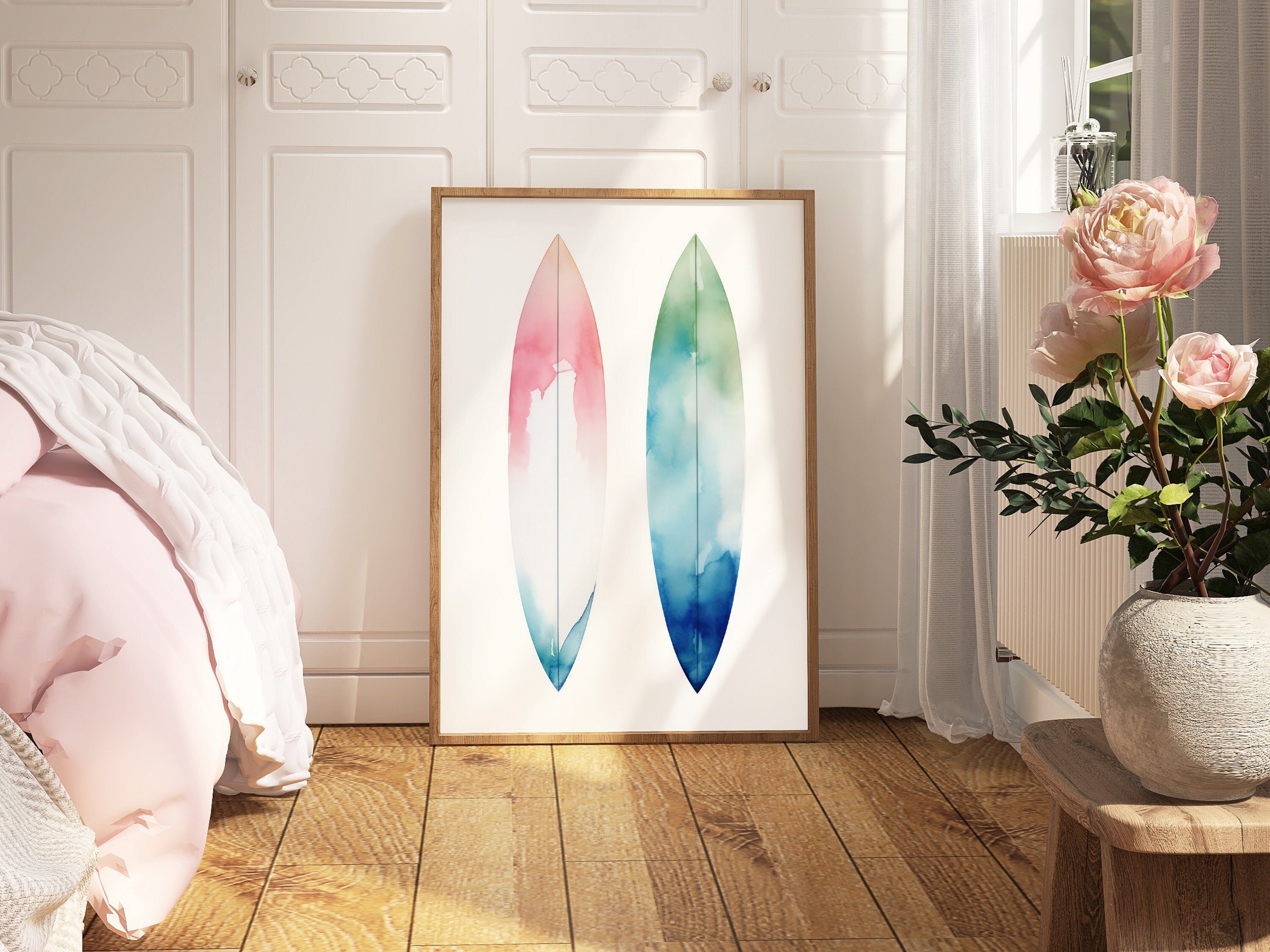 Watercolor Surfboard Wall Art, Boho Beach Decor, Minimalist Pink & Blue ...