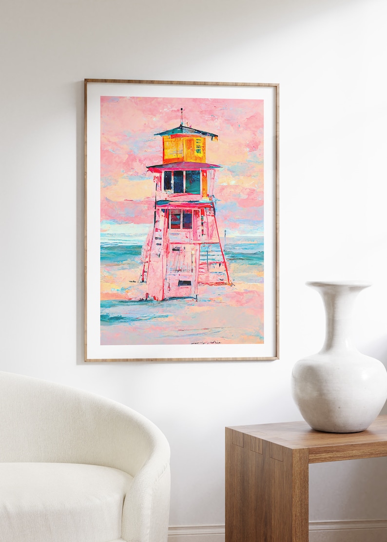 Pink Lifeguard Tower Print Printable Boho Beach Wall Art - Etsy