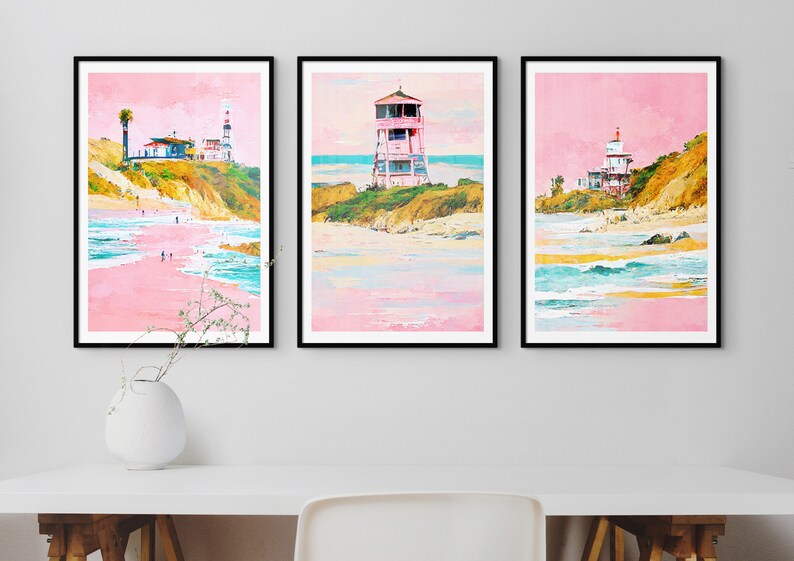 Pink Boho Beach Prints, Printable Ocean Decor, Wall Art Set of 3, Beach ...