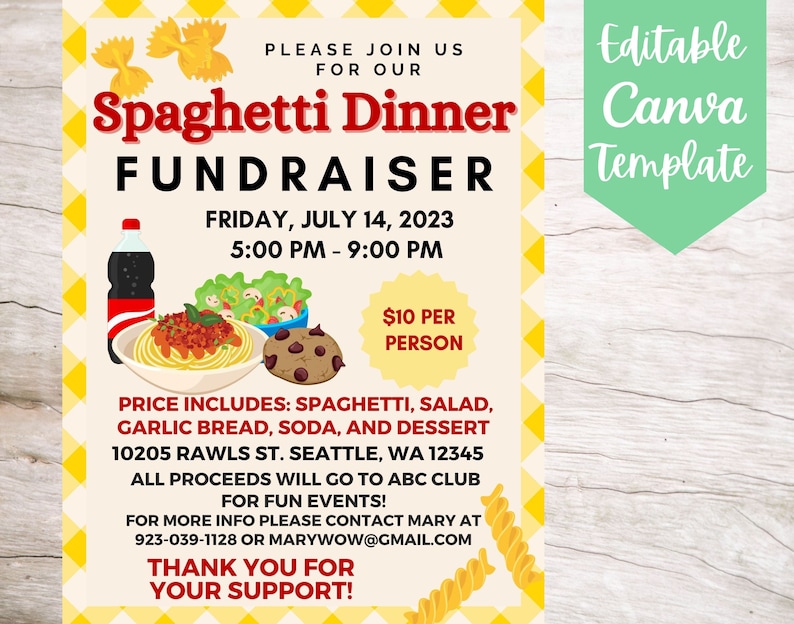 EDITABLE INVITATION, Printable Spaghetti Dinner Fundraiser Flyer ...