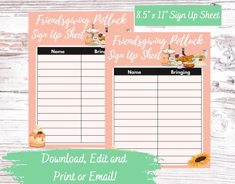 EDITABLE and Printable Cute Friendsgiving Potluck Event Sign up Sheet ...