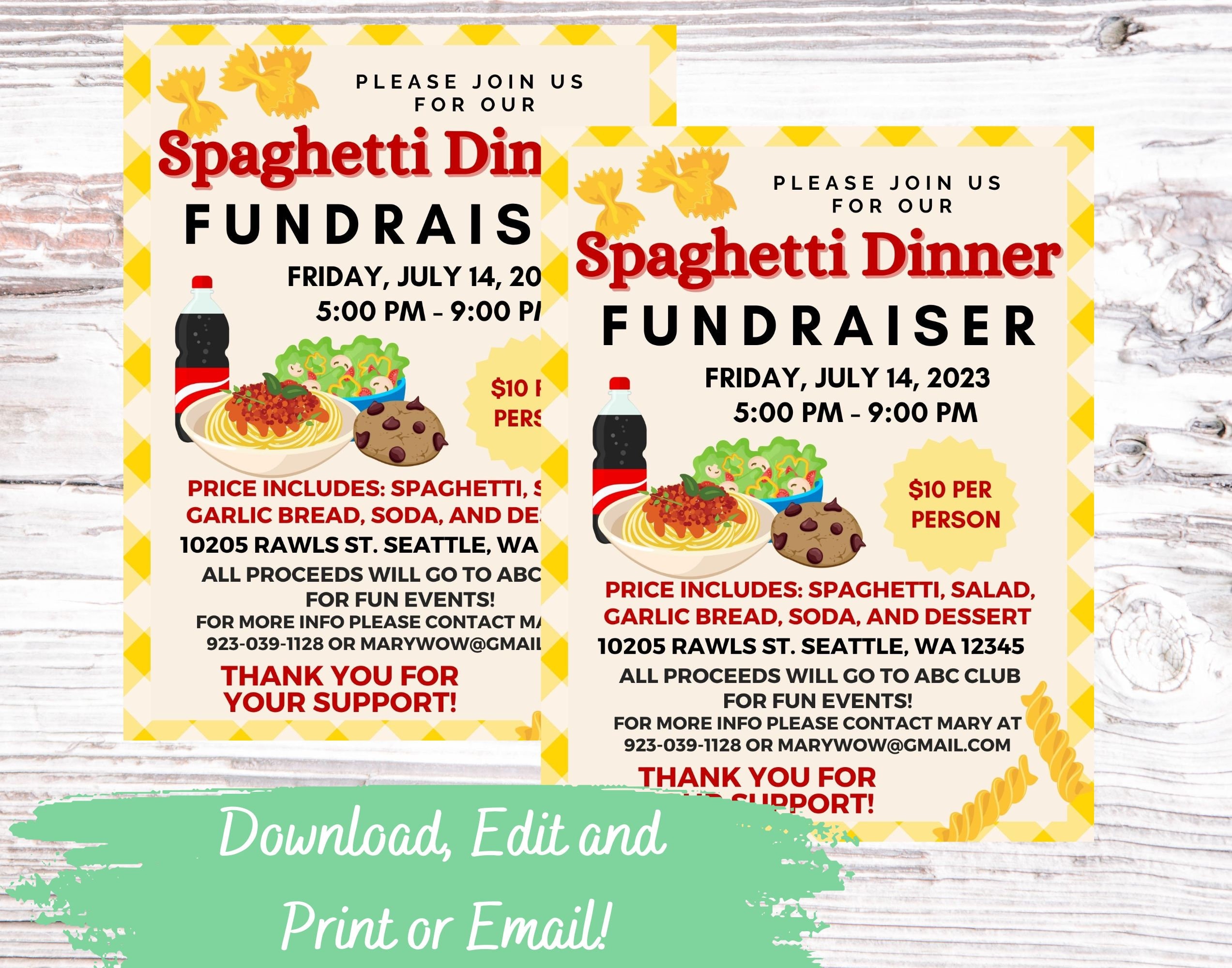 EDITABLE INVITATION, Printable Spaghetti Dinner Fundraiser Flyer ...