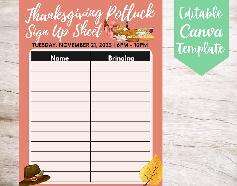 EDITABLE and Printable Thanksgiving Potluck Sign up Sheet Template ...