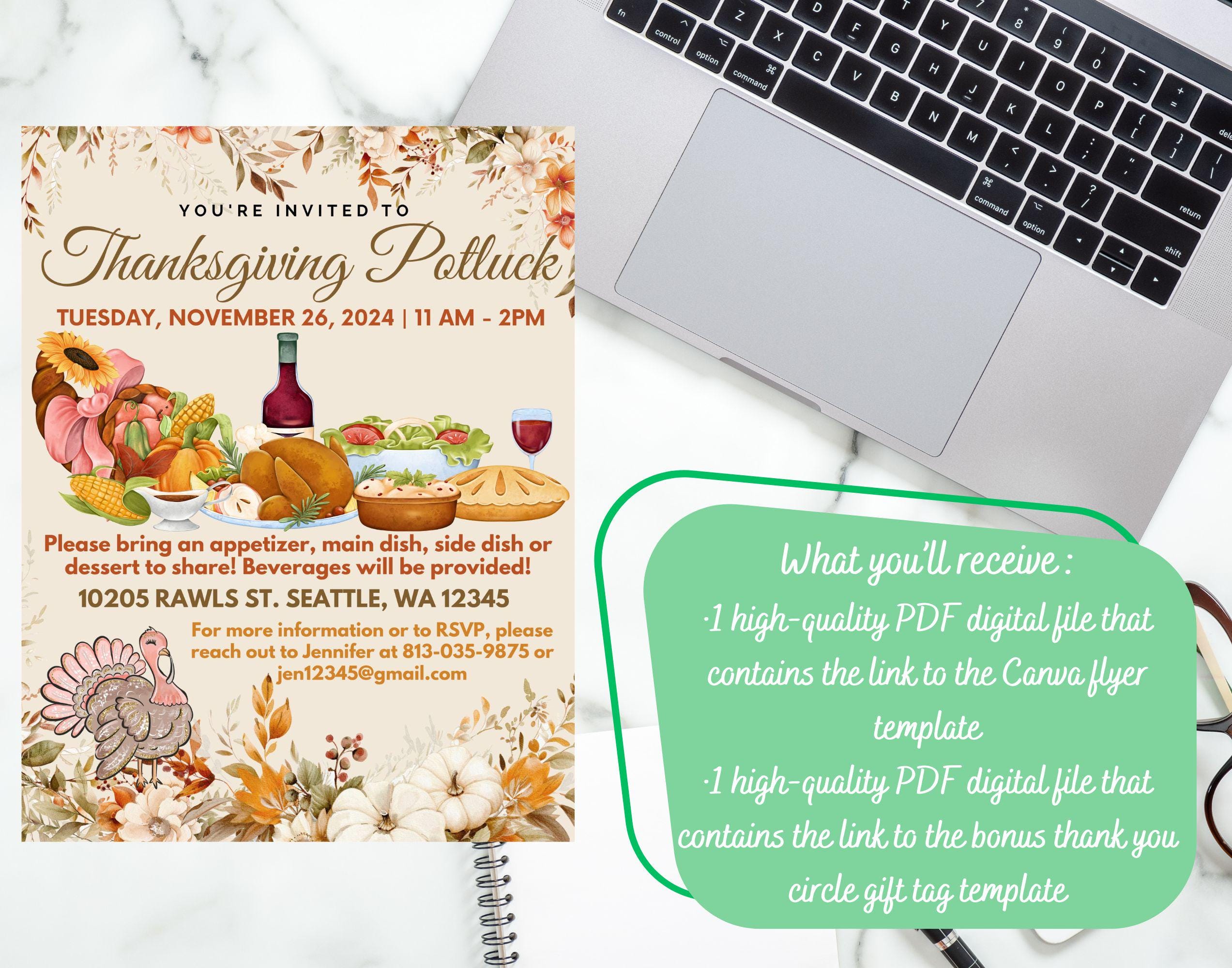 Thanksgiving Potluck Event Invitation Flyer Template, Editable and ...