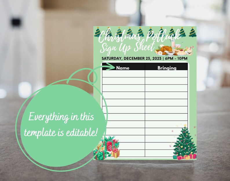 EDITABLE and Printable Christmas Potluck Sign up Sheet Template ...