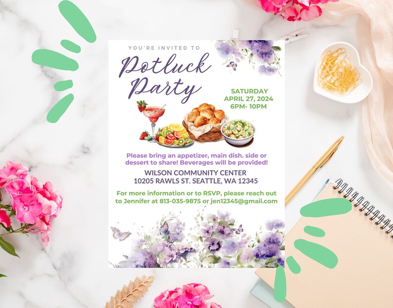 Spring Potluck Party Event Invitation Flyer Template, Editable and ...
