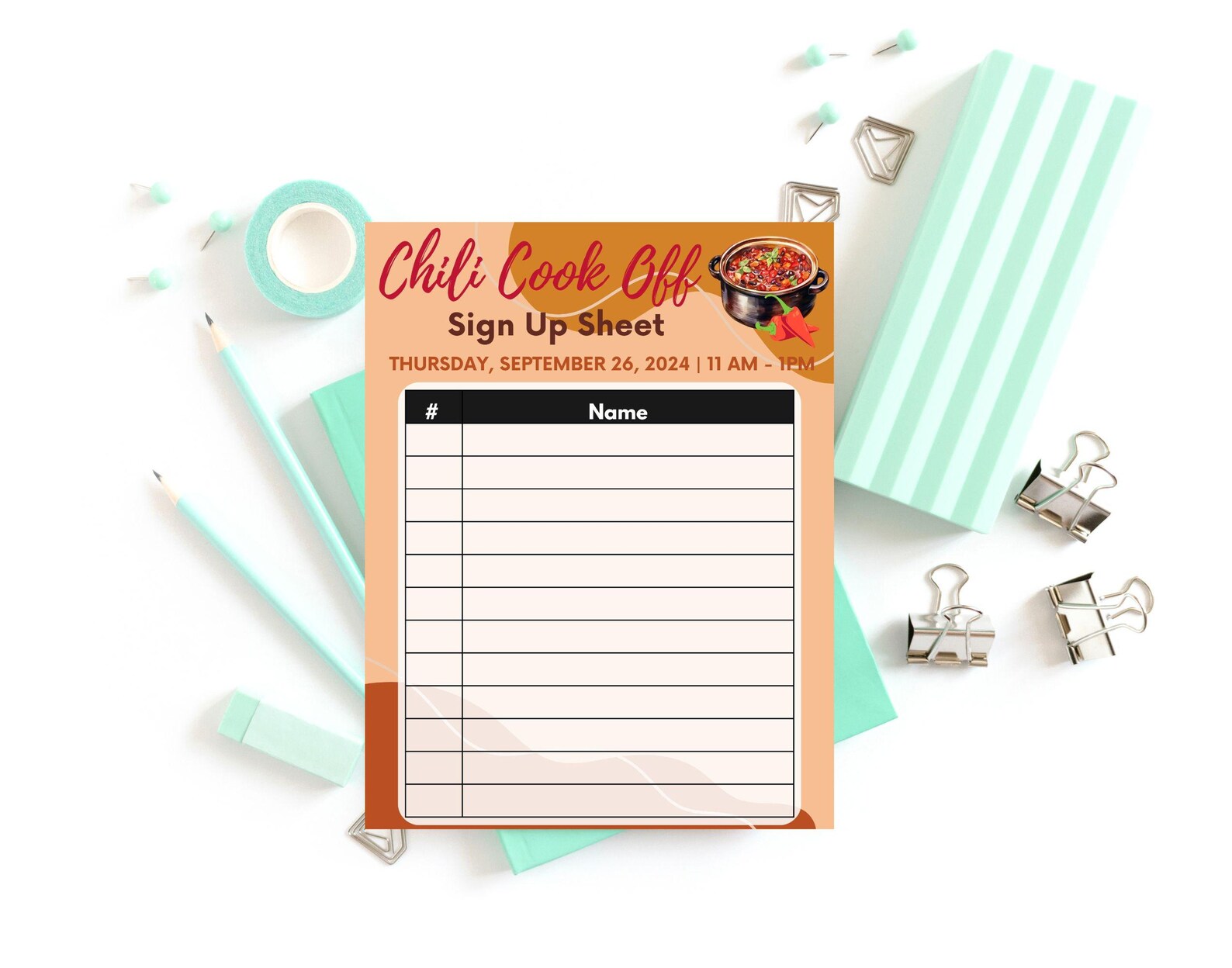 Chili Cook off Sign up Sheet Template, Editable and Printable Instant ...
