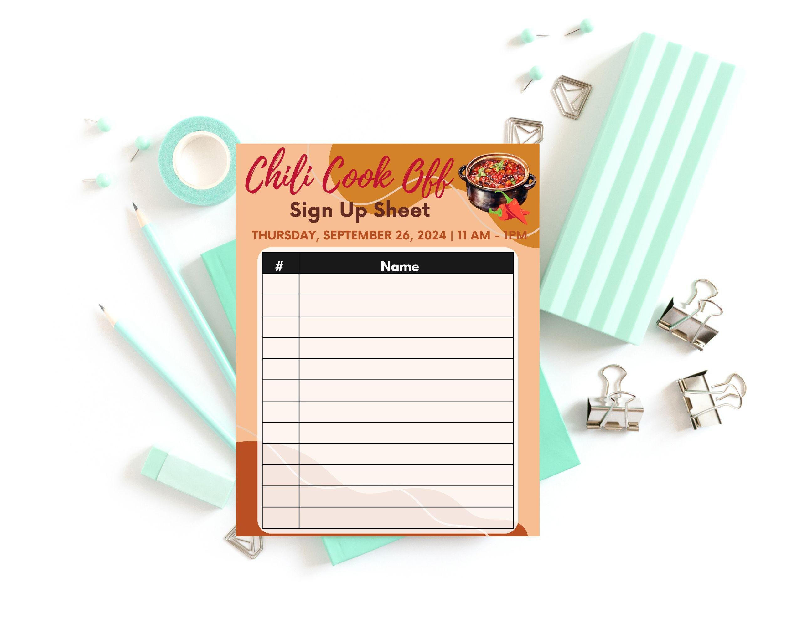 Chili Cook off Sign up Sheet Template, Editable and Printable Instant ...