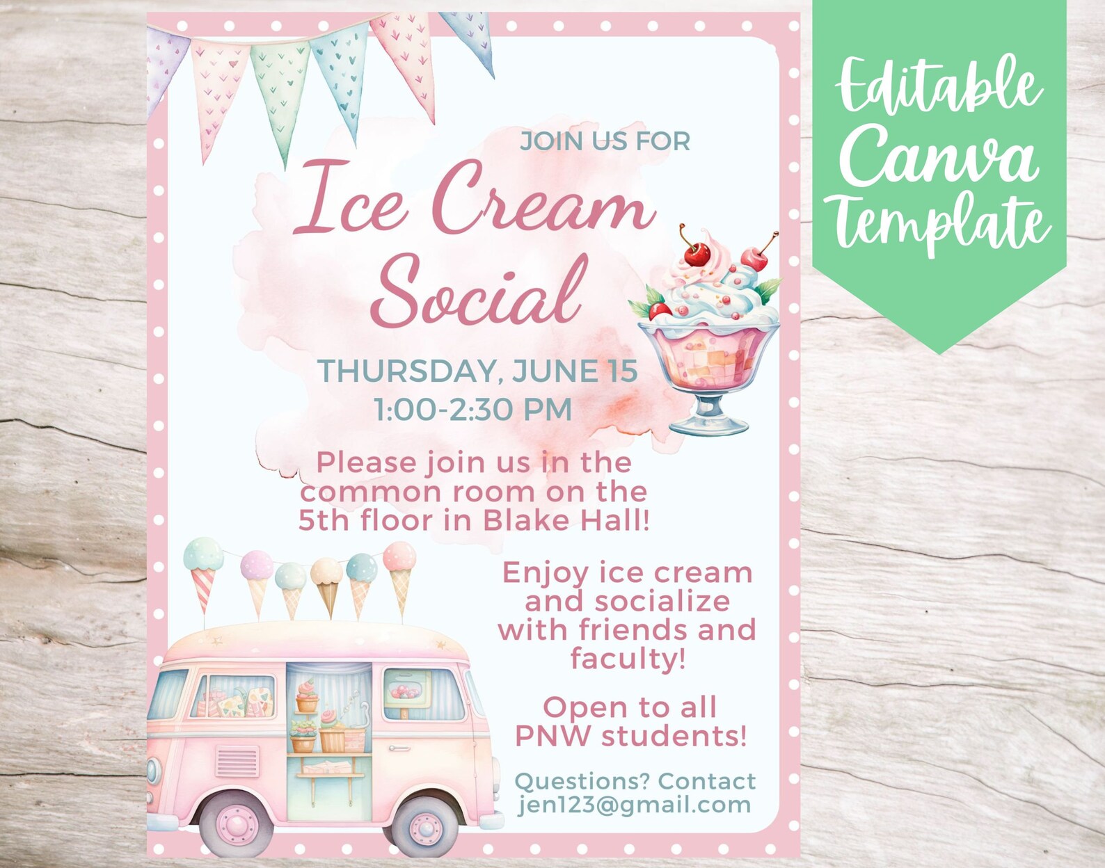 Pink Ice Cream Social Invitation Flyer Template, Editable and Printable ...