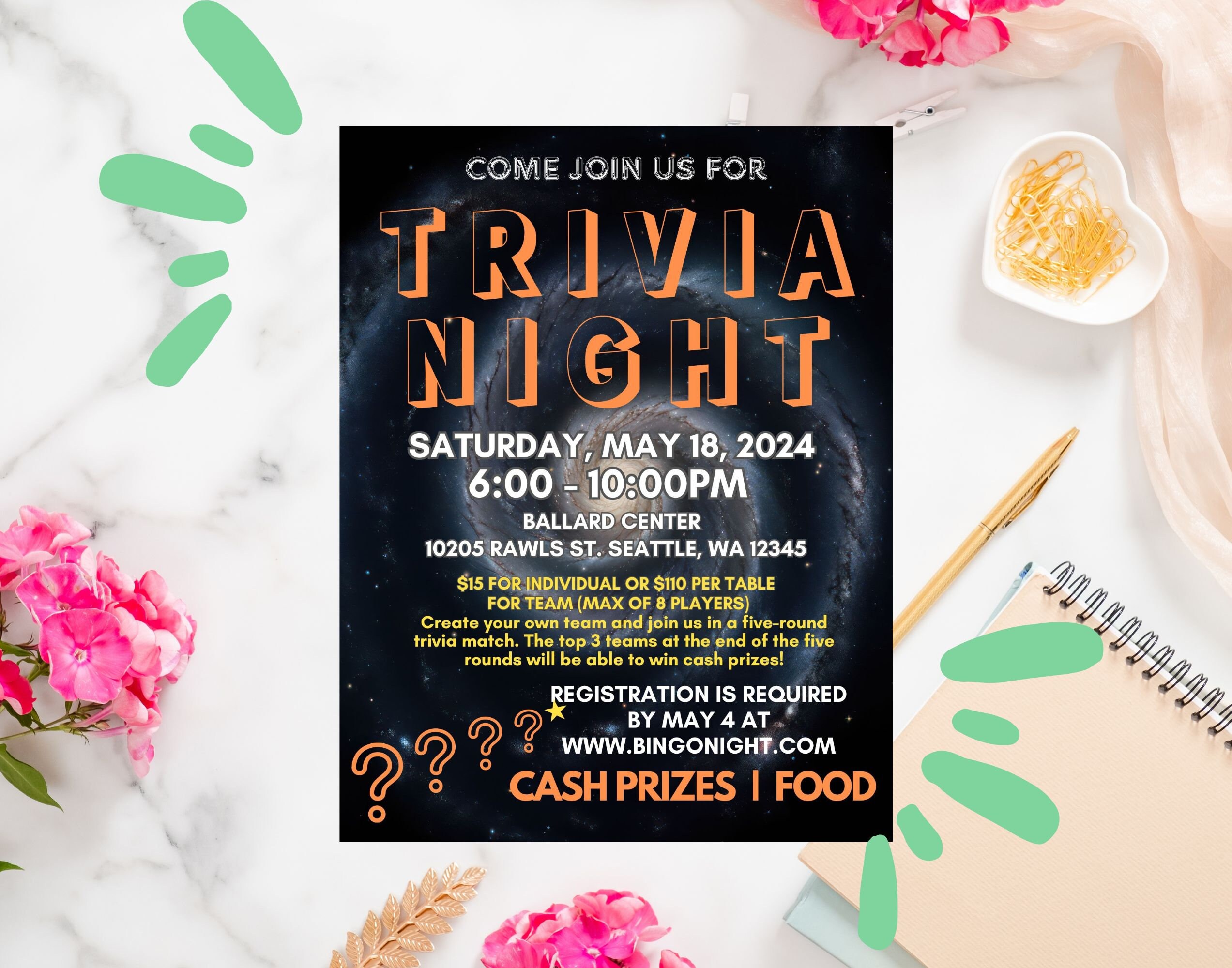 Galaxy Space Trivia Night Invitation Flyer Template, Editable and ...