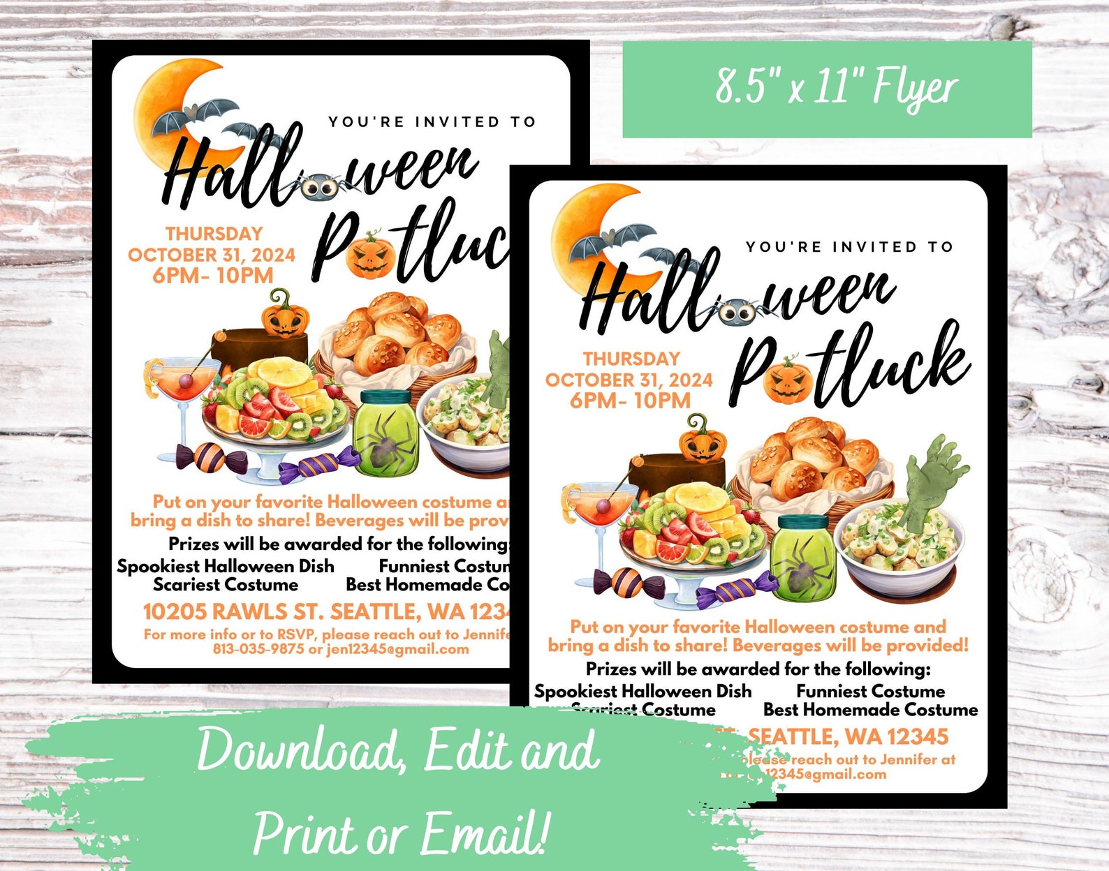 Black Halloween Potluck Invitation Flyer Template, Editable and ...