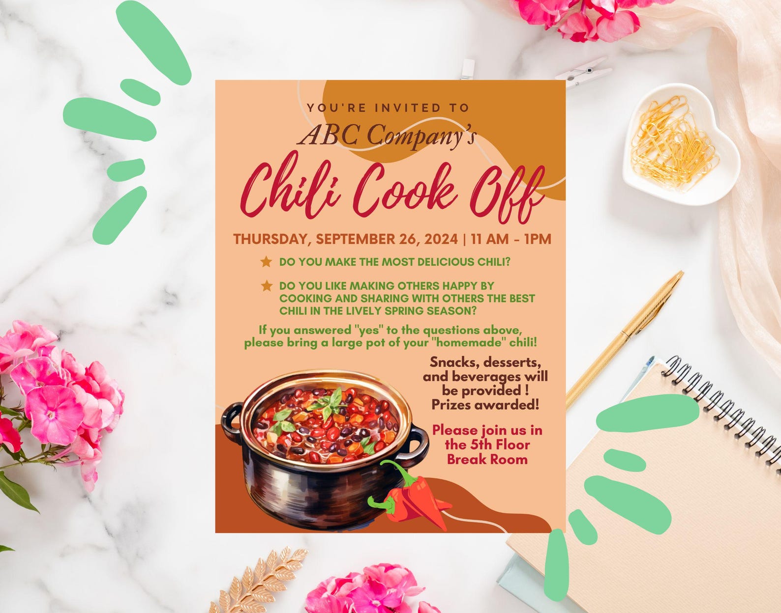 Office Chili Cook off Event Invitation Flyer Template, Editable and ...