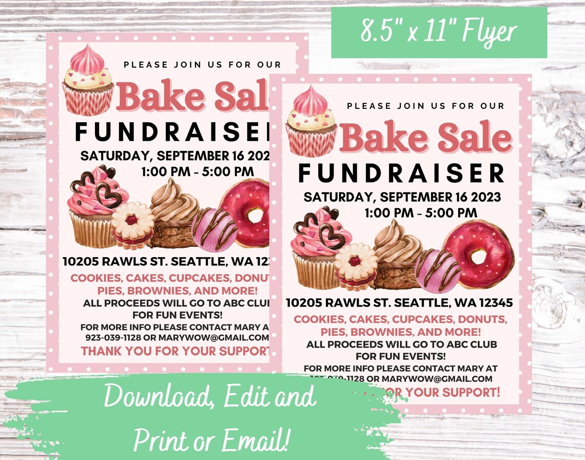 EDITABLE and Printable Bake Sale Fundraiser Flyer Template, Instant ...