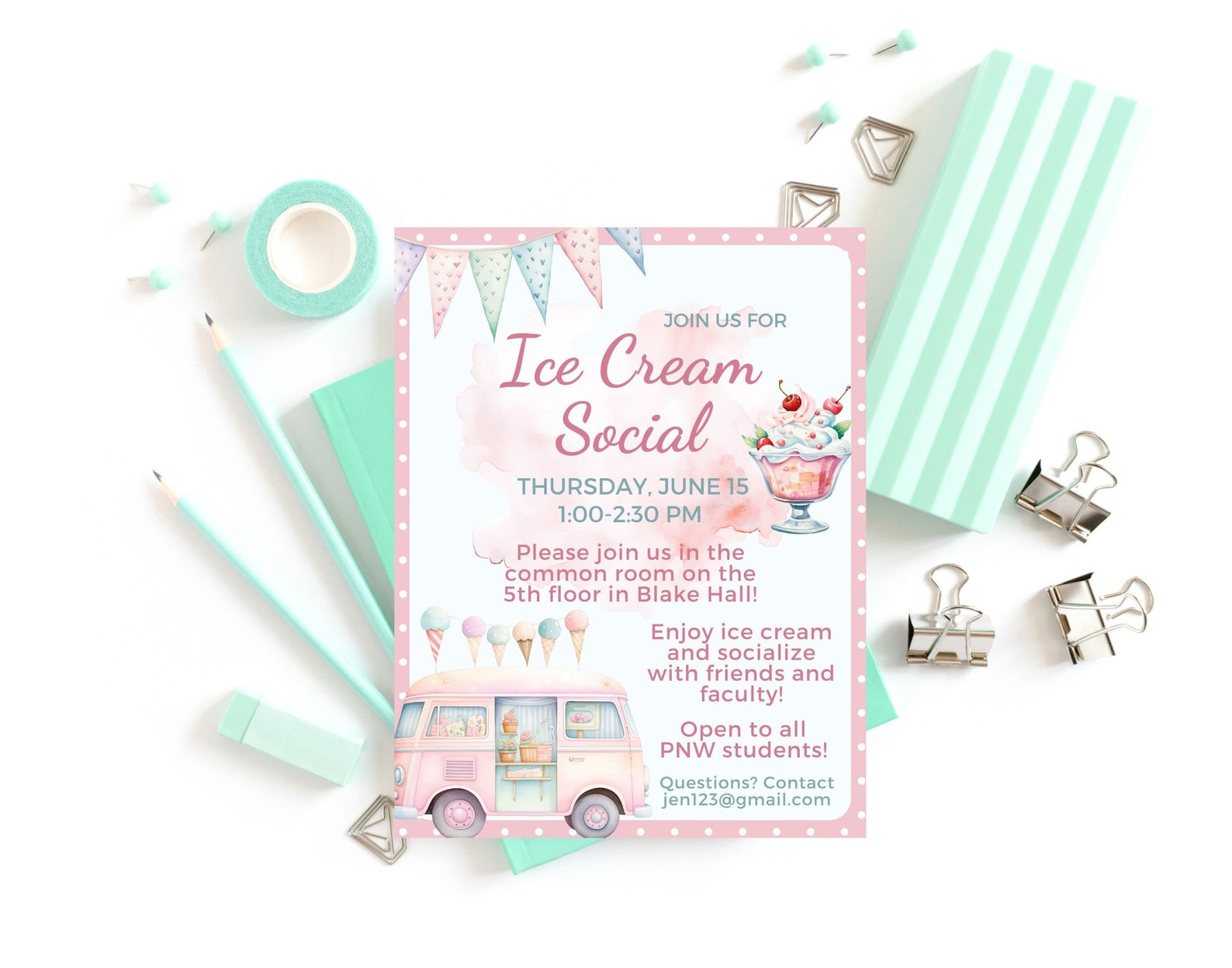 Pink Ice Cream Social Invitation Flyer Template, Editable and Printable ...