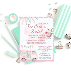 Pink Ice Cream Social Invitation Flyer Template, Editable and Printable ...
