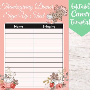 EDITABLE and Printable Fall Thanksgiving Dinner Sign up Sheet Template ...