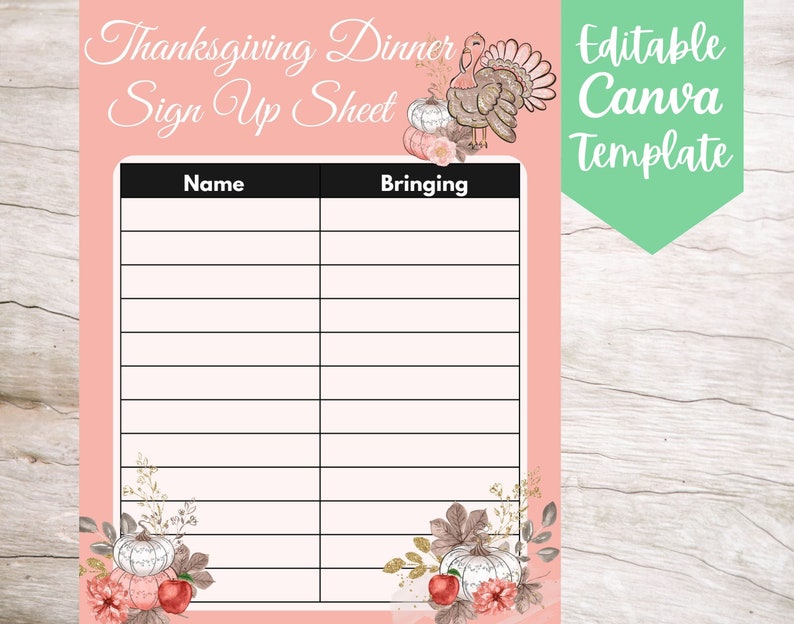 EDITABLE and Printable Fall Thanksgiving Dinner Sign up Sheet Template ...