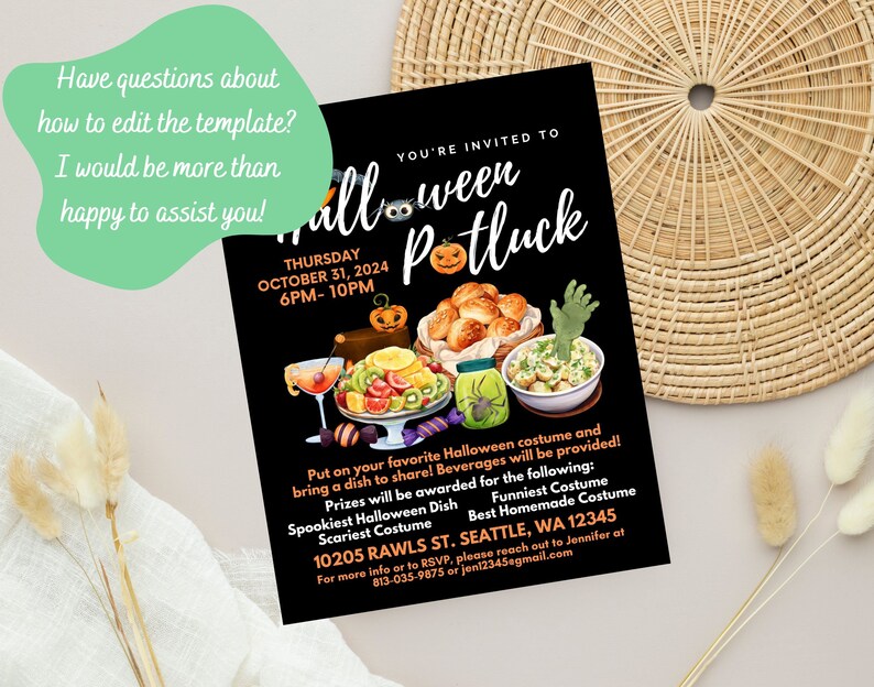 Spooky Halloween Potluck Event Invitation Flyer Template, Editable and ...
