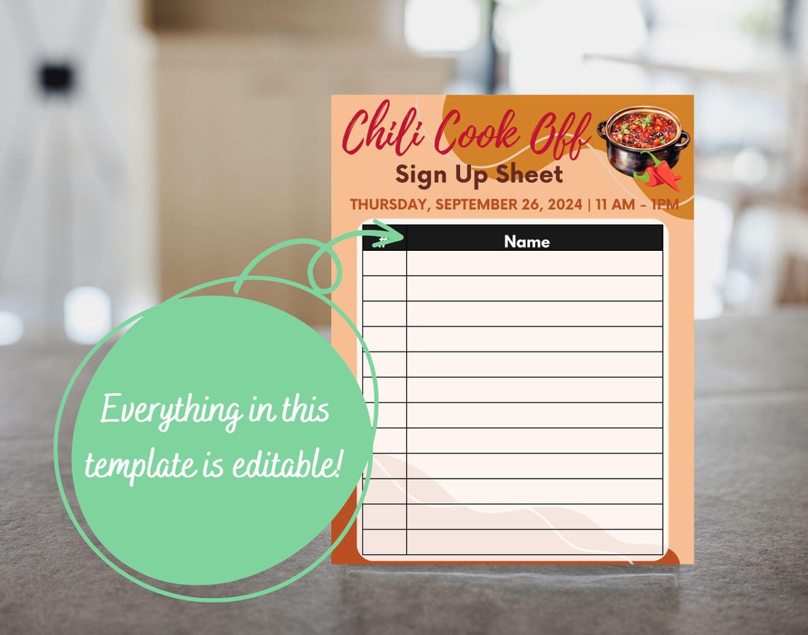 Chili Cook off Sign up Sheet Template, Editable and Printable Instant ...