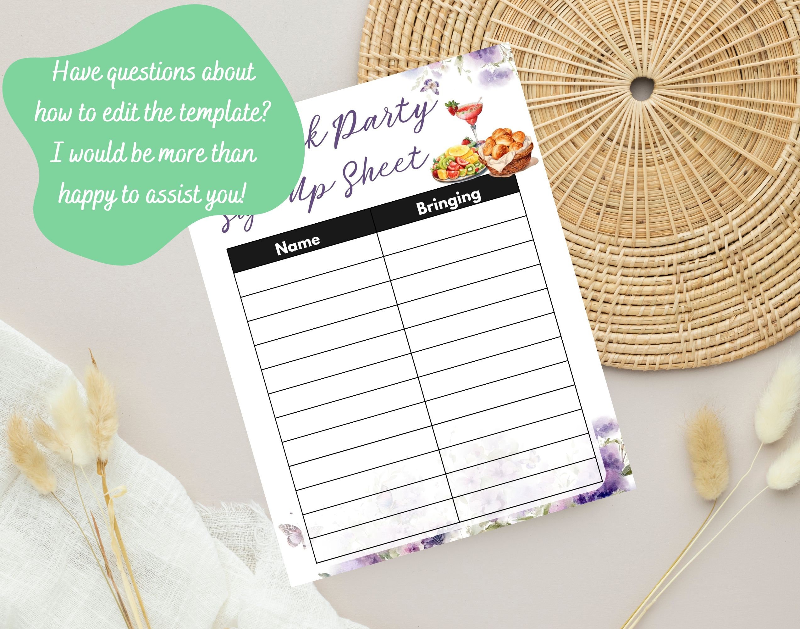 Spring Potluck Party Sign up Sheet Template, Editable and Printable ...